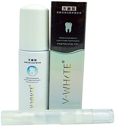V-WHITE Foam Whitening Toothpaste with Deep Cleansing Teeth Whitening Gel & Pen– Gluten, Fluoride & Alcohol Free for Adults & Kids Toothpaste 60 ml – Brighten Your Teeth and Kills Bad Breath