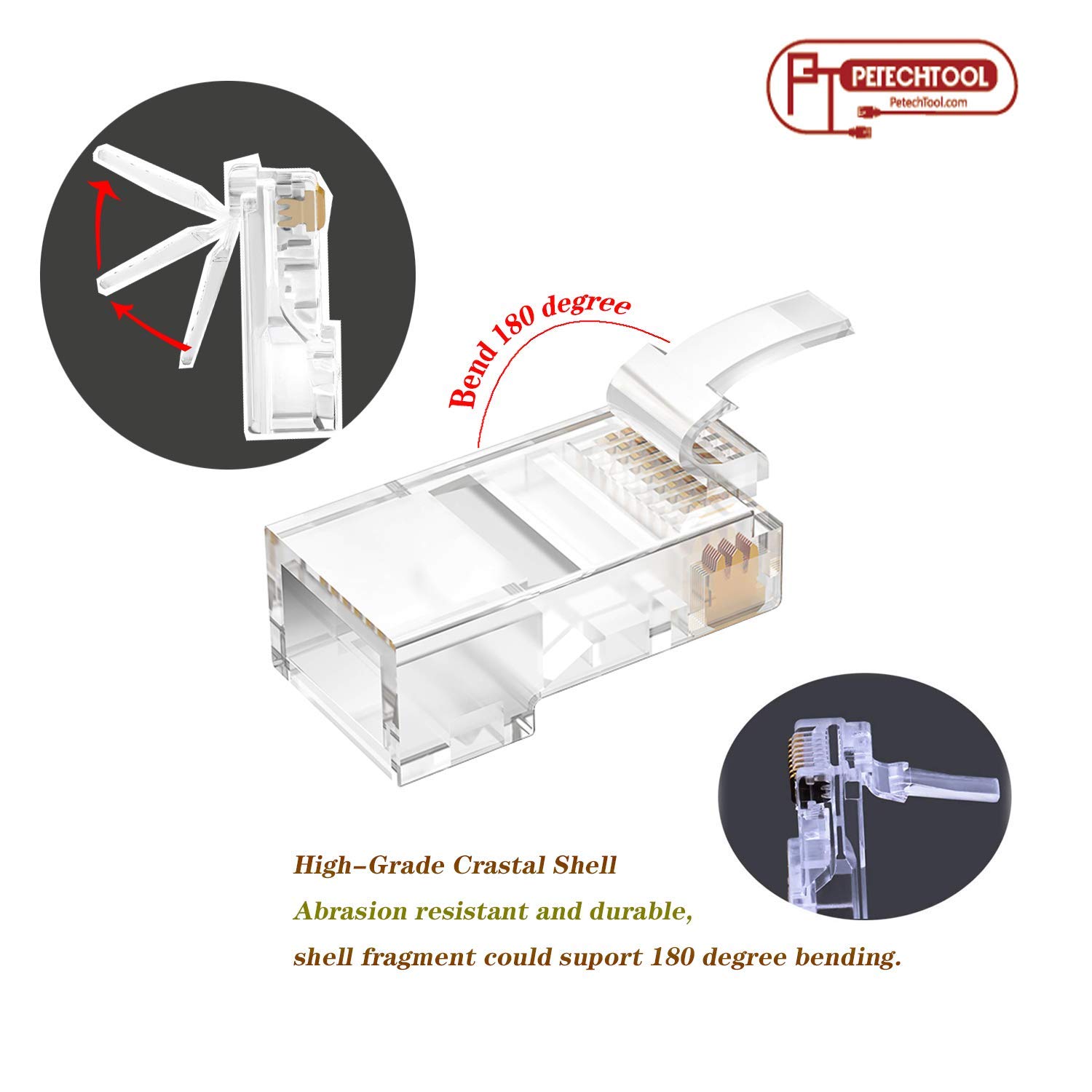 PETECHTOOL RJ45 CAT6 Connector End Pass Through Ethernet Cat6 Ends 8P8C Modular Plug for Solid or Stranded UTP Ethernet Cable ( 100 Packs - with Wire Stripper