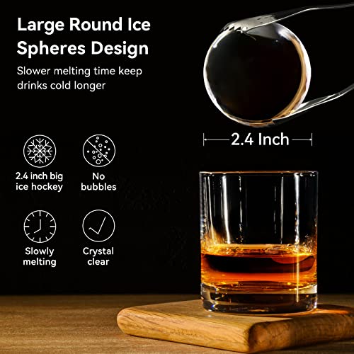 2024 New improved longzon 4 Pack Crystal Clear Ice Ball Maker Mold, Whiskey Ice Mold Large 2.4 Inch, Silicone Round Ice Cube Tray for Freezer, Sphere Ice Mold Maker for Whiskey, Cocktail and Drink