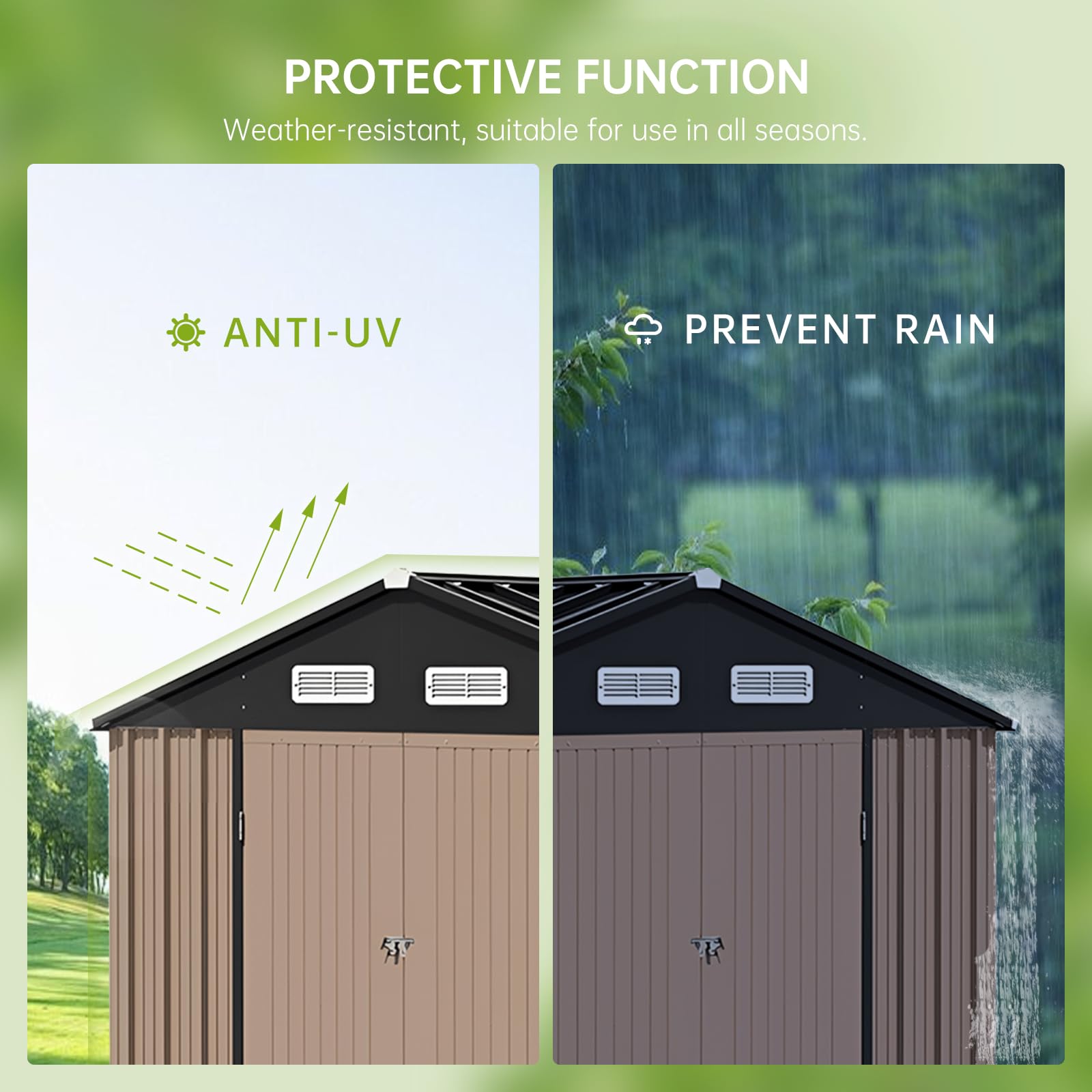 8.6'x10.4' Outdoor Storage Shed, Large Garden Shed, with Slooping Roof and 4 Vents. Updated Reinforced and Lockable Doors Frame Metal Storage Shed for Patiofor Backyard, Patio, Garage, Lawn,Brown