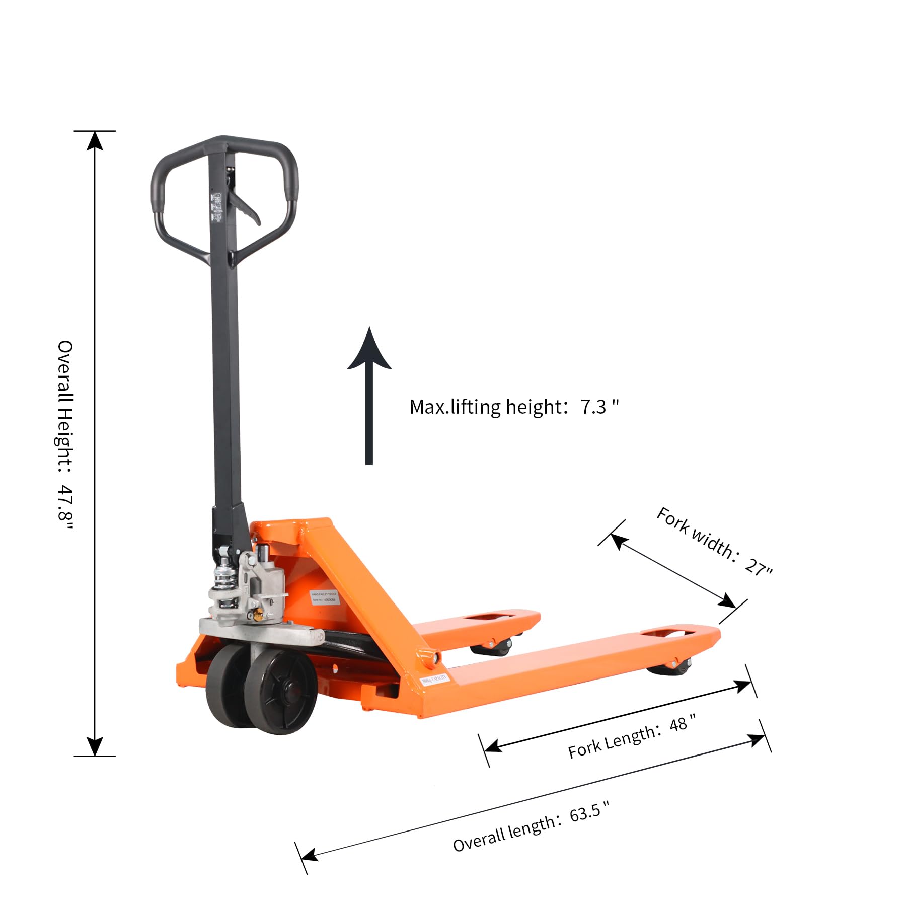 Tory Carrier Pallet Jack Hand Truck Manual Pallet Jacks 5500-Lb. Capacity, 27 x 48 Forks Standard Duty, Rubber Handle, PU Wheels