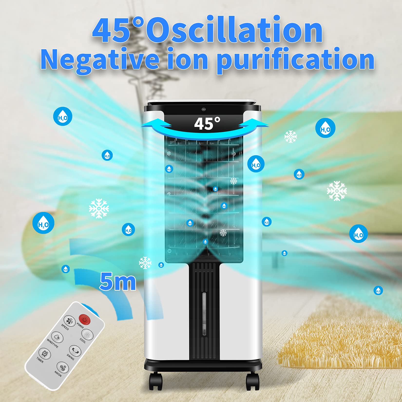 Portable Electric Air Conditioner Unit—2-1 Air Cooler & Tower Fan with 3 Speeds/Modes,12H Timer,with remote and 2 Ice Packs,7L Large Water Tank for Home,Office,Kitchen White
