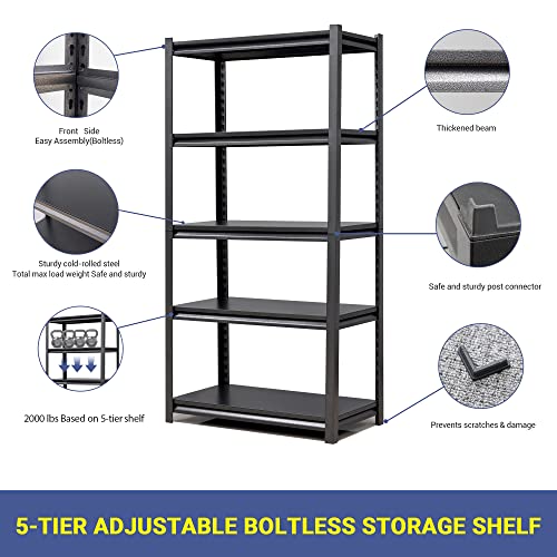 5 Tier Metal Shelving Unit 2000LBS Capacity Adjustable Garage Storage Utility Rack Heavy Duty Shelves Organization Shelf Warehouse Basement Kitchen Living Room Pantry - 31.5"W x 15.7"D x 63"H
