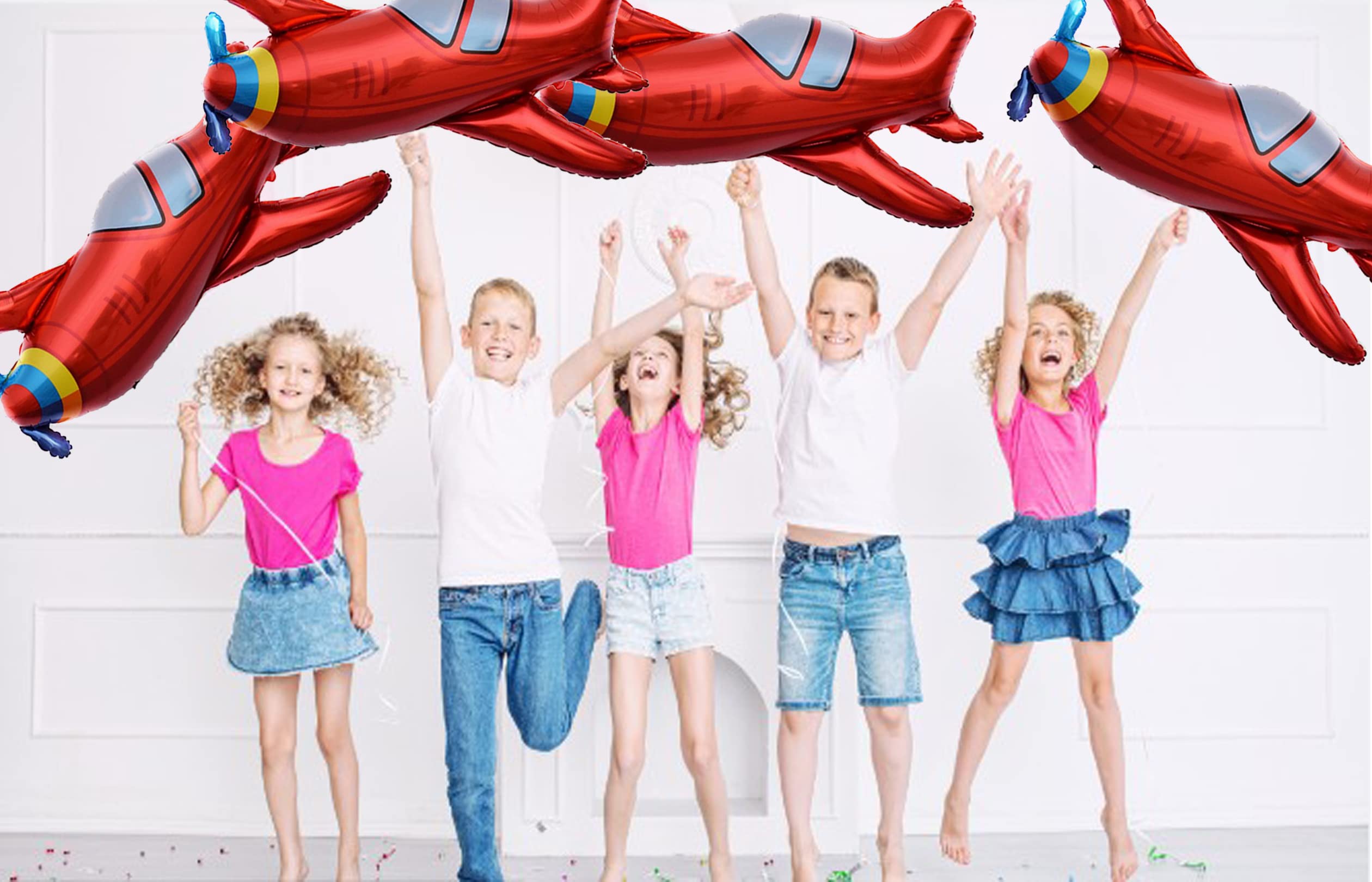 4 Pcs Large Red Airplane Helicopter Plane Foil Balloon Aviator Adventure Themed Birthday Party Decorations(37x31inch)