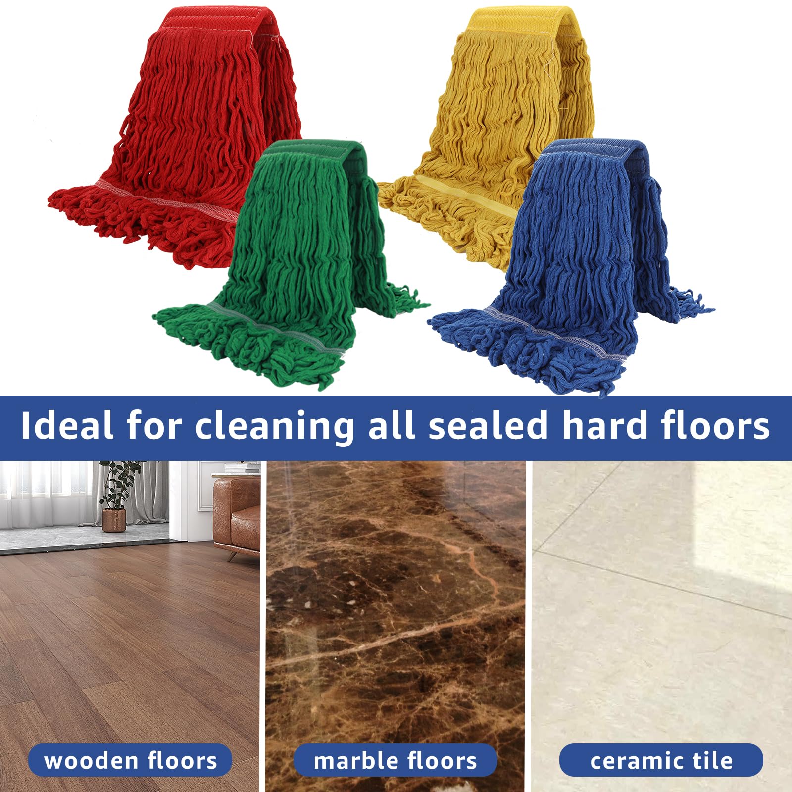 4Pcs Commercial String Mop Head, Loop-End Mop Head Replacement, Heavy Duty Mop Head Refills, Cotton Looped End Wet Cleaning Mop Refill for Home, Industrial and Commercial Use