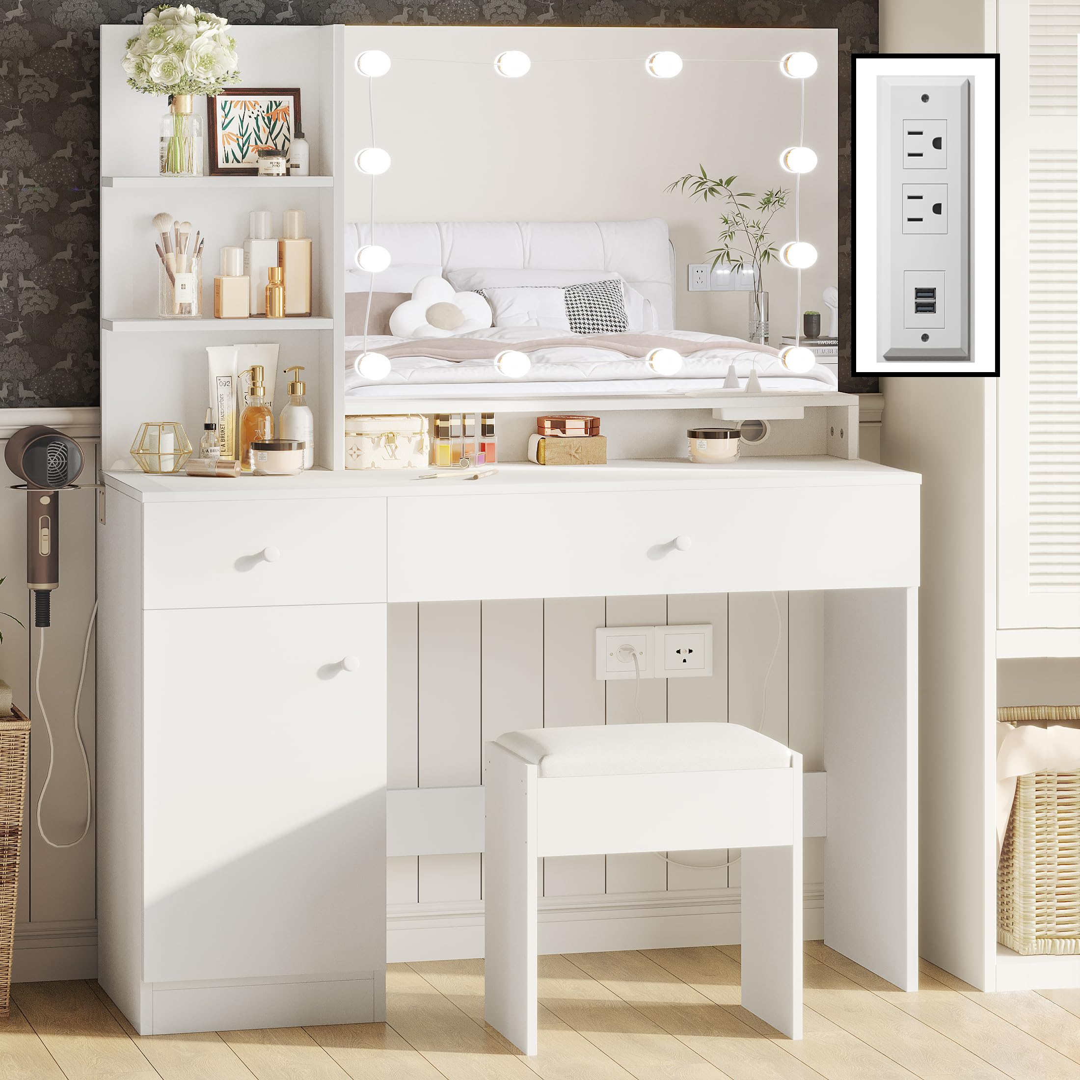 37" Vanity Desk with LED Lighted Mirror & Power Outlet, Makeup Vanity Set with large Drawers, Cabinet &Cushioned Stool, Makeup Desk 3 Color Lighting Modes Adjustable Brightness for Bedroom Studio