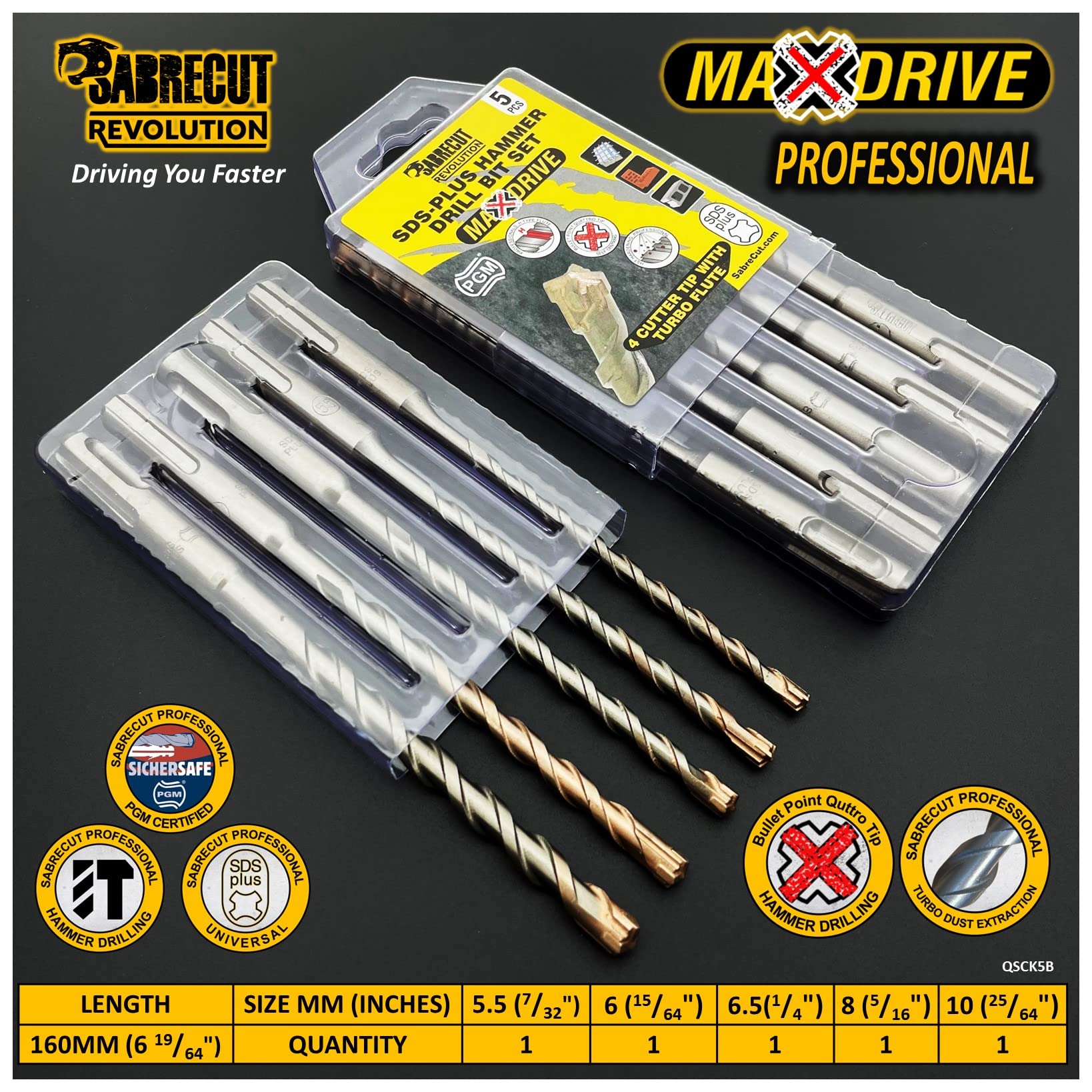 5 x SabreCut QSCK5B 7/32" 15/64" 1/4" 5/16" 25/64" x 6 19/64" Length Quattro PGM Approved Full Carbide 4 Cutter Tip Vortex Flute SDS Plus Drill Bit Mix Kit For Stone Concrete Brick Block
