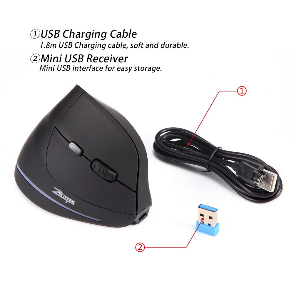 Attoe Vertical Mouse Wireless, Right Handed 2.4GHz Wireless Ergonomic Rechargeable Vertical Mouse with 3 Adjustable DPI 1000/1600/2400, 6 Buttons,Compatible with PC, Desktop,Mac (Black)