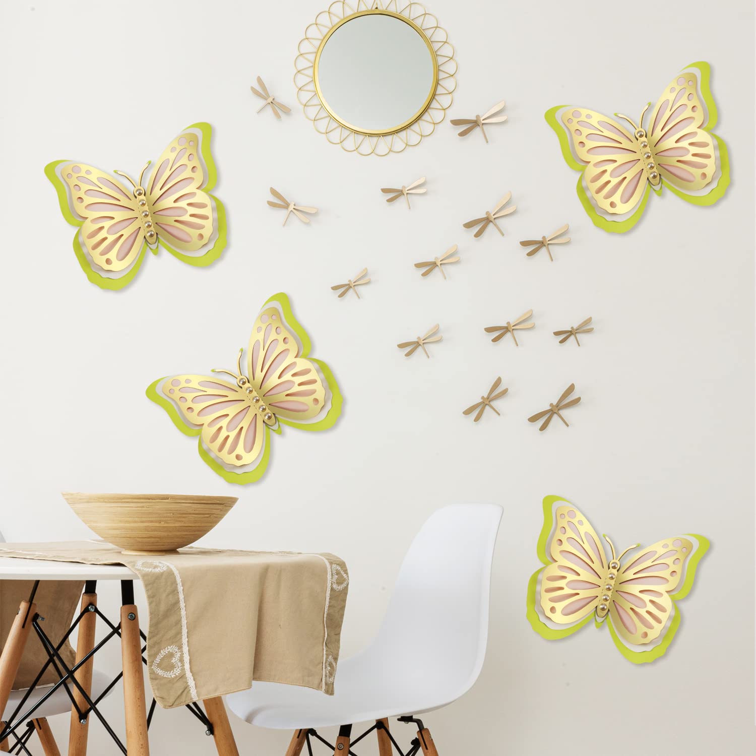 4 PCS 3D Large Butterfly Wall Decor, 12" 4 Layer 3D Butterfly Stickers Set with Artificial Pearls for Birthday Background Girls Bedroom Wedding Party Decorations (Golden)