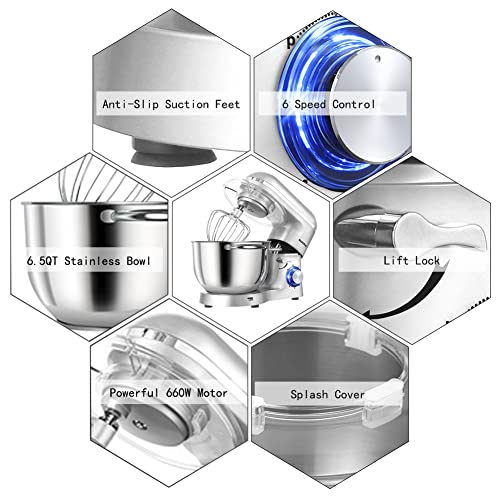 Aucma Stand Mixer,6.5-QT 660W 6-Speed Tilt-Head Food Mixer, Kitchen Electric Mixer with Dough Hook, Wire Whip & Beater (6.5QT, Silver)