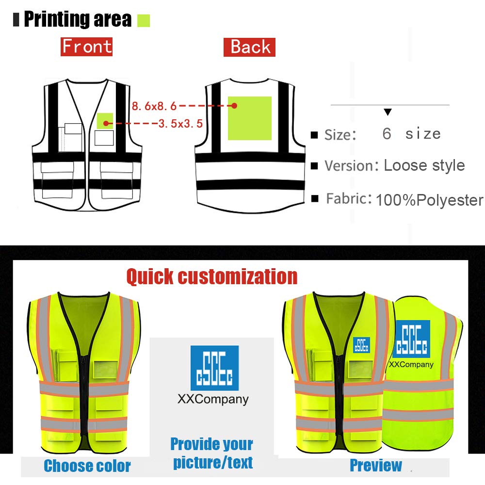 YOWESHOP High Reflective Visibility Safety Vest Custom Your Logo Safety Workwear with Reflective Strips and Front Zipper(Black-Green Webbing M)