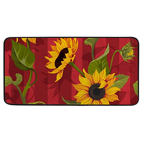 Kuizee Kitchen Rug Kitchen Mat Sunflower Floral Red Stripes Bathroom Rug Hallway Entry Rugs Non Slip Soft Water Absorbent 39×20 Inch