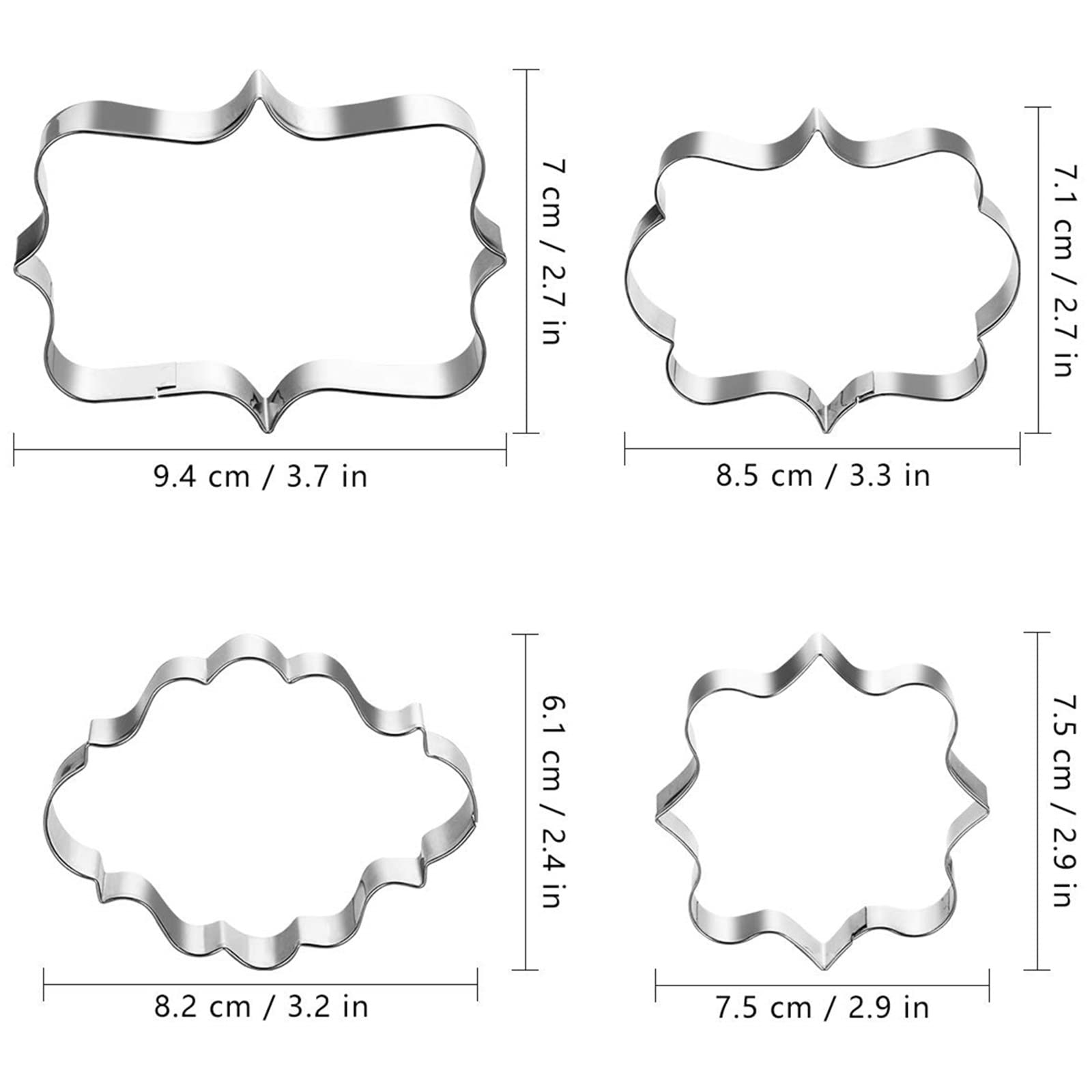 4 pcs of Fancy Plaque Cookie Cutters Set, Stainless Steel Wedding Frame Fondant Cutters Baking DIY Molds