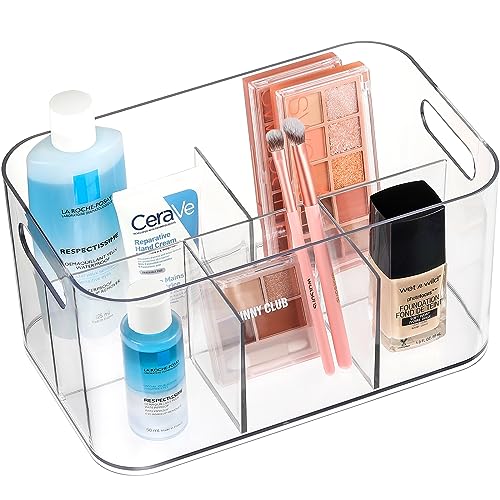 5-Compartment Clear Plastic Bin - Divided Cosmetic Makeup Caddy Organizer - Multiuse Storage Container for Vanity, Bathroom, Kitchen, Pantry, Office, Craft, Utensil, Shower, Cleaning Items, (1 Pack)