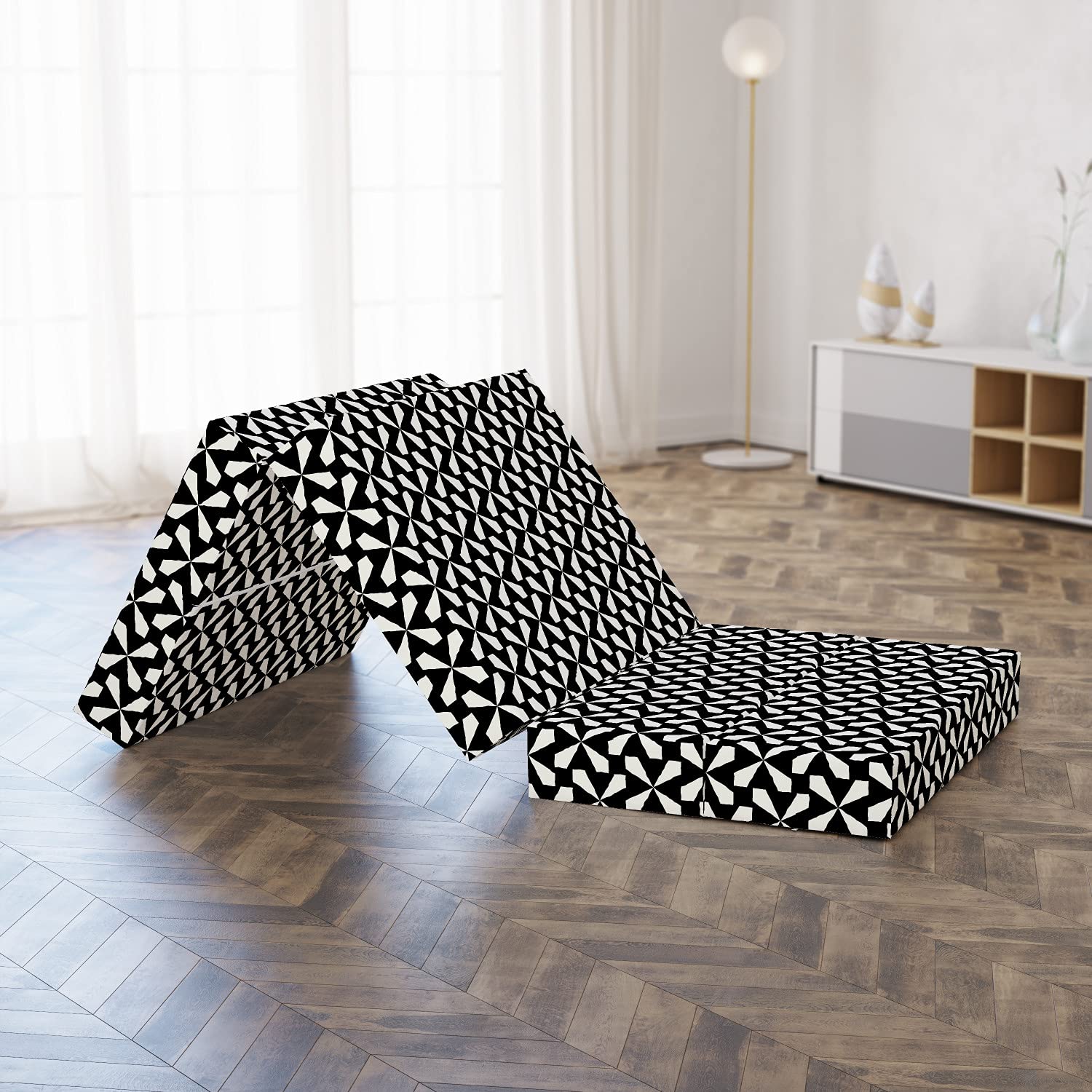 Ambesonne Abstract Foldable Mattress, Monochrome Geometric 70's, 74.8" x 35.4", Eggshell and Dark Brown