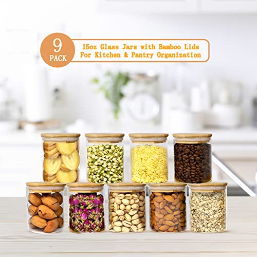 Hoanra 15oz Glass Jars with Airtight Bamboo Lids, Small Food Storage Containers, for Kitchen Pantry Organization Tea Coffee Candy Cookies Nuts(9 Pack)