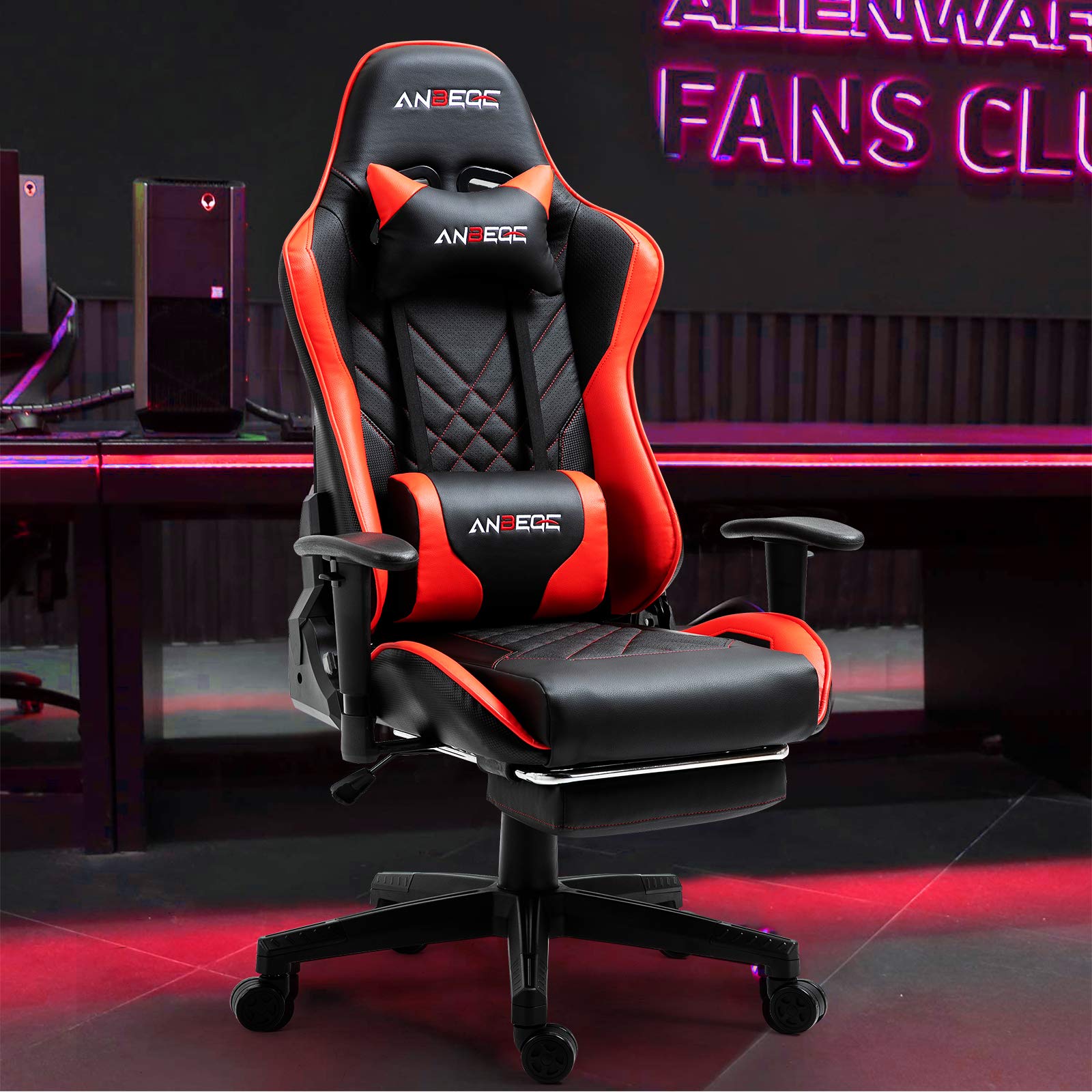 ANBEGE Gaming Chair Retractable Footrest 2D Armrest Office Chair Height Adjustable Leather High Back Ergonomic Headrest Massage Lumbar Cushion Swivel Rocker Recliner Computer Chair (RED)