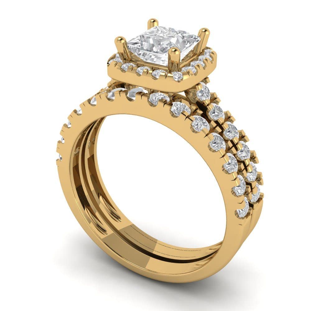 2ct Princess Cut Clear Simulated Diamond 14k Yellow Gold Halo Solitaire W/Accents Wedding Engagement Promise Ring size 3.5