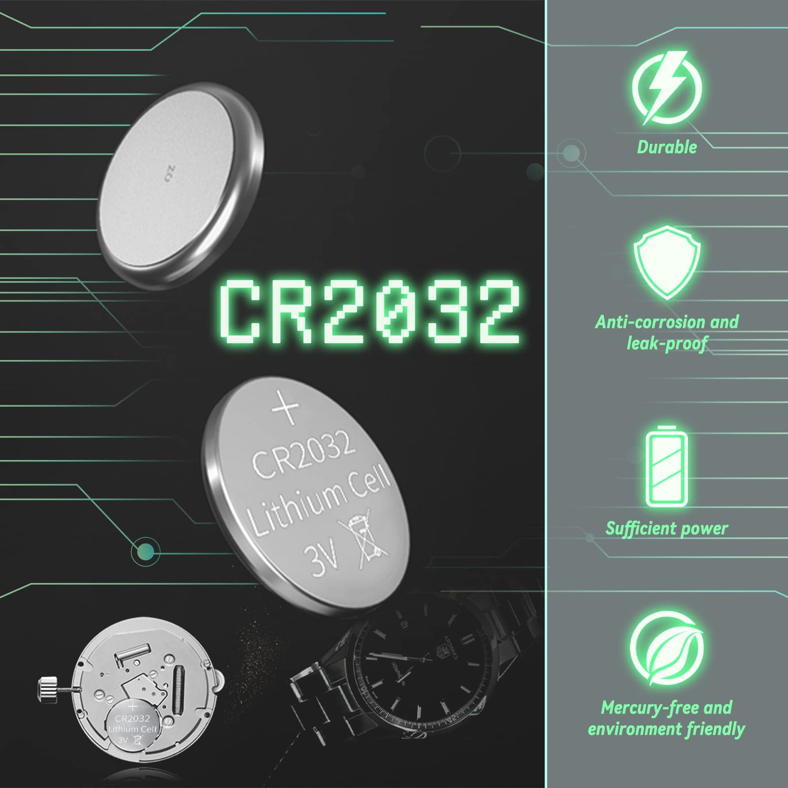 anmas rucci 100PCS CR2032 Lithium 3V Coin Battery, CR2032 Li-ion Lithium Batteries 3V Coin Button Cell, CR2032 3V Battery for Key Fob, Car Remote