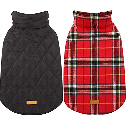 Kuoser Warm Dog Coat, Reversible Dog Jacket Waterproof Dog Winter Coat British Style Plaid Dog Clothes Pet Dog Cold Weather Coats Cozy Snow Jacket Vest for Small Medium Large Dogs Bright Red XS