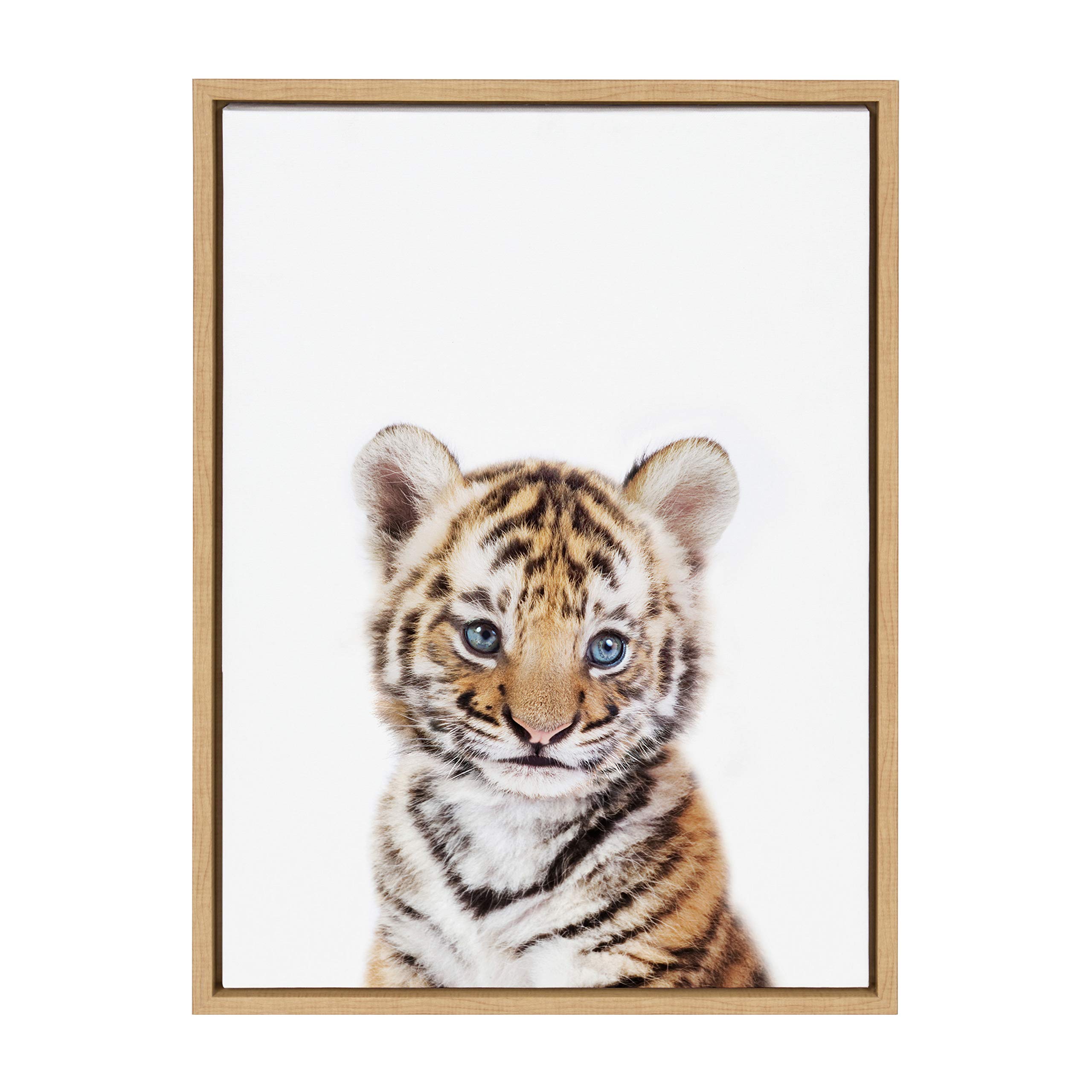 Kate and Laurel Baby Tiger Portrait Framed Canvas Wall Art by Amy Peterson, 18x24 Natural, Cute Baby Animal Home Decor
