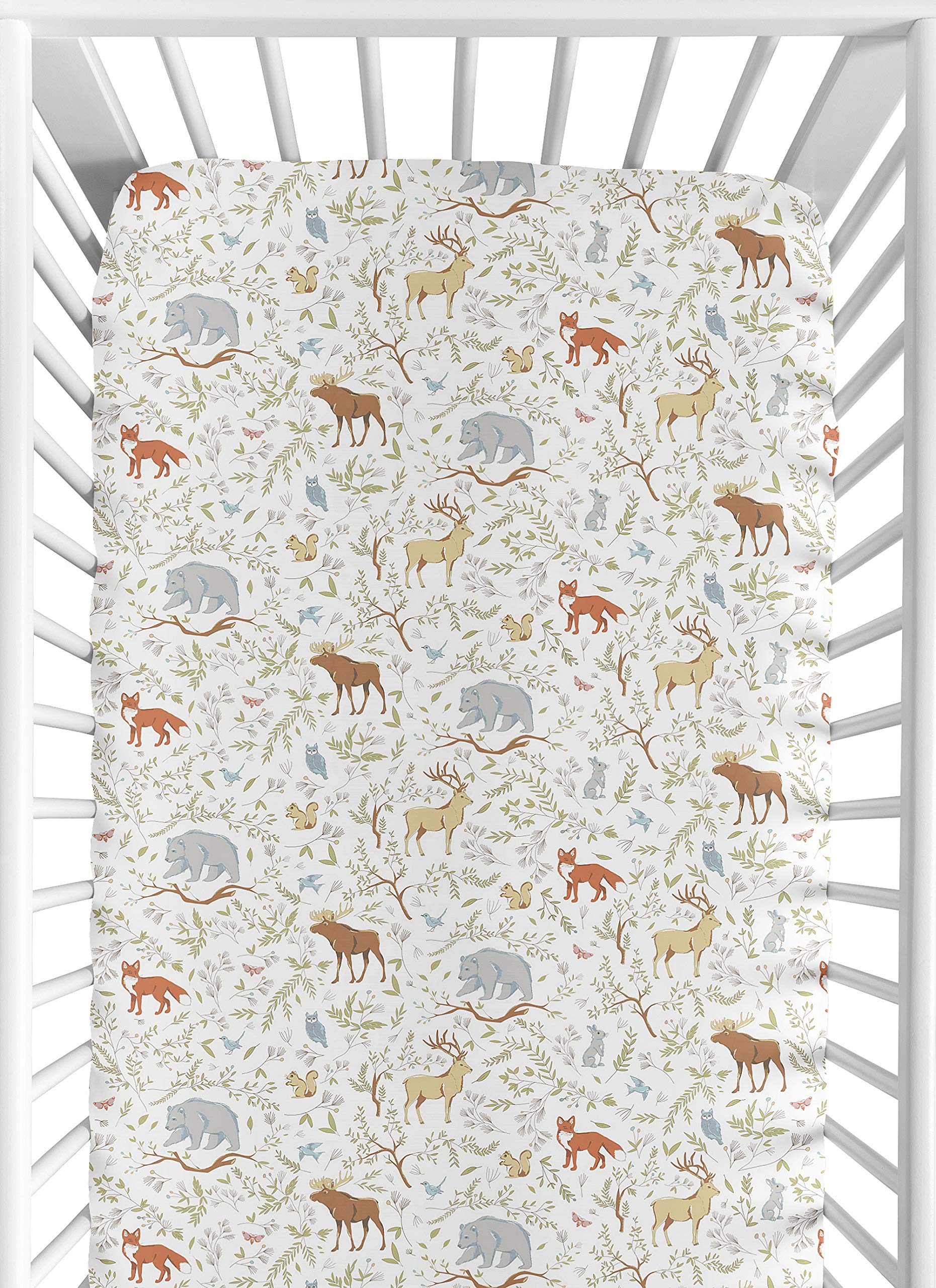 Sweet Jojo Designs Woodland Boy Girl Jersey Stretch Knit Baby Fitted Crib Sheet for Soft Toddler Bed Nursery - Grey, Green and Brown Forest Animal Toile Bear Deer Fox