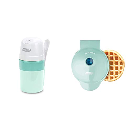 DASH My Pint Electric Ice Cream Maker Machine & Recipe Book 0.4qt - Aqua & DMW001AQ Machine for Individual, Paninis, Hash Browns, & other Mini waffle maker, 4 inch, Aqua