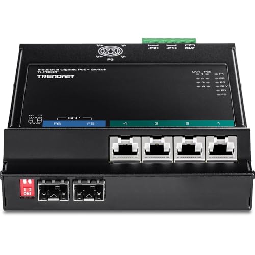 TRENDnet 6-Port Industrial Gigabit PoE+ Wall-Mounted Front Access Switch, TI-PG62F, 4 x Gigabit PoE+ Ports, 2 x Gigabit SFP Slots, DIN-Rail, Wall Mount Brackets Included, IP30, 120W PoE Budget