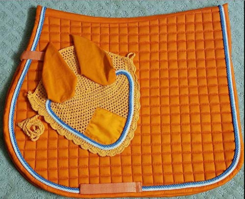 Horse English Saddle PAD with Matching Fly Bonnet with Ear NETS Breathable Cotton Handmade Full Size Stretchable Ears (Purple, Full)