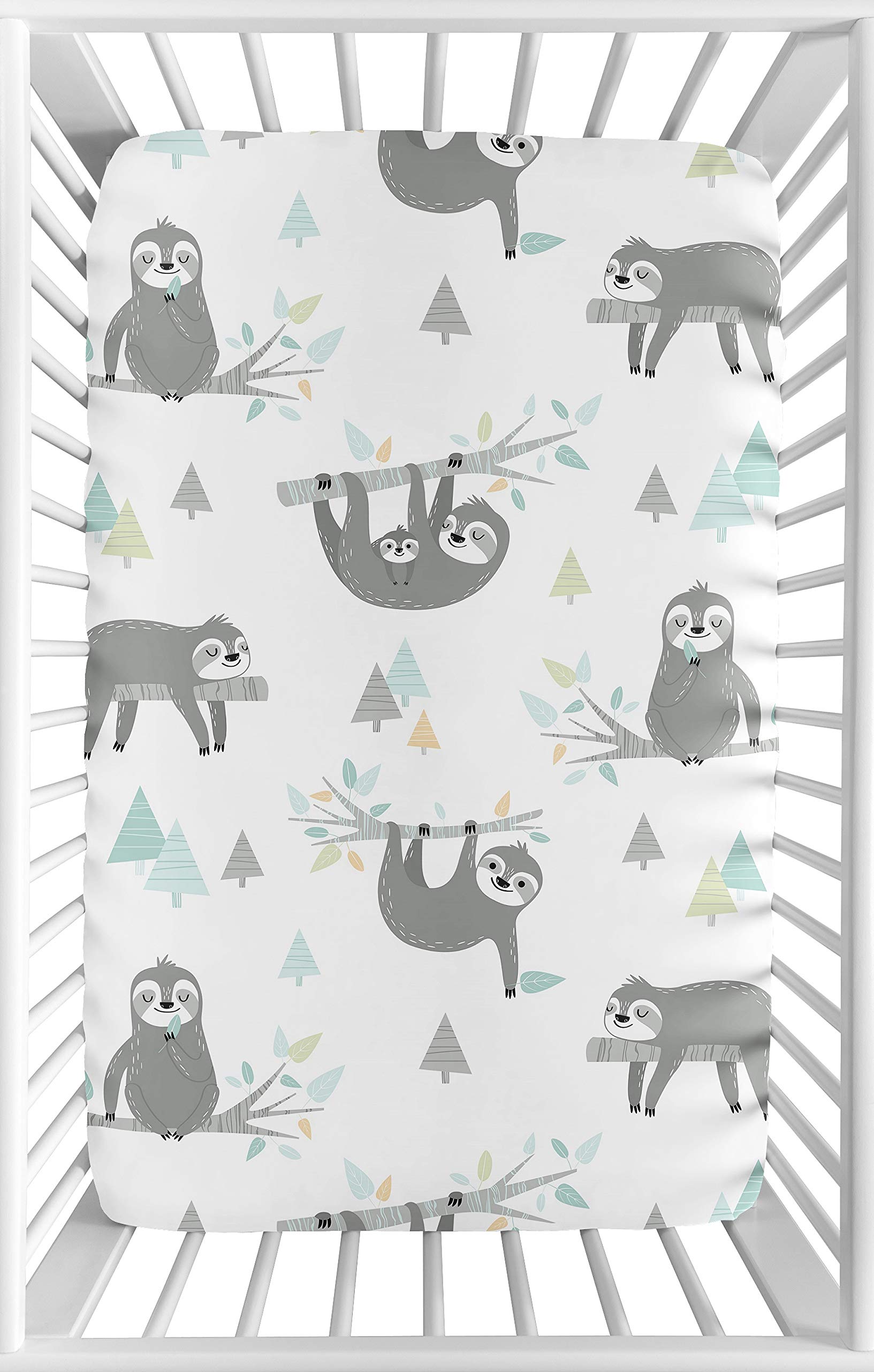 Sweet Jojo Designs Blue and Grey Jungle Sloth Leaf Unisex Boy or Girl Baby Nursery Fitted Mini Portable Crib Sheet for Mini Crib or Pack and Play - Turquoise, Gray and Green Botanical Rainforest
