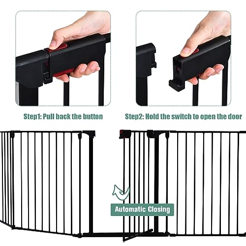 Costzon Baby Safety Gate, 121 Inch Length 5 Panel Adjustable Wide Fireplace Fence, BBQ Metal Fire Screen Gate, Pet Isolation Fence with Walk-Through Door, Freestanding Pets Gate (Black, 5-Panel)