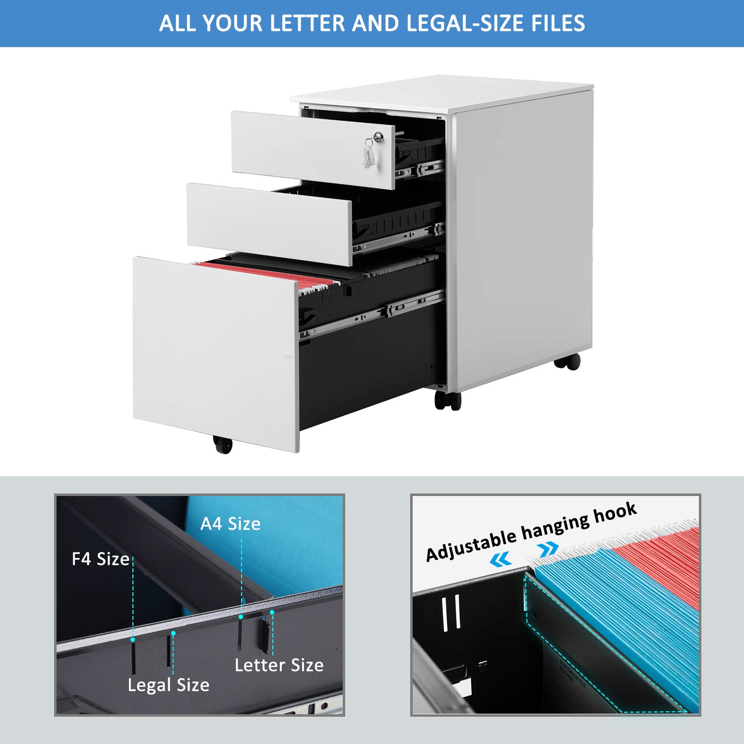 3 Drawer File Cabinet with Lock,Fully Assembled Mobile Metal Filing Cabinet for Home and Office, Steel, White