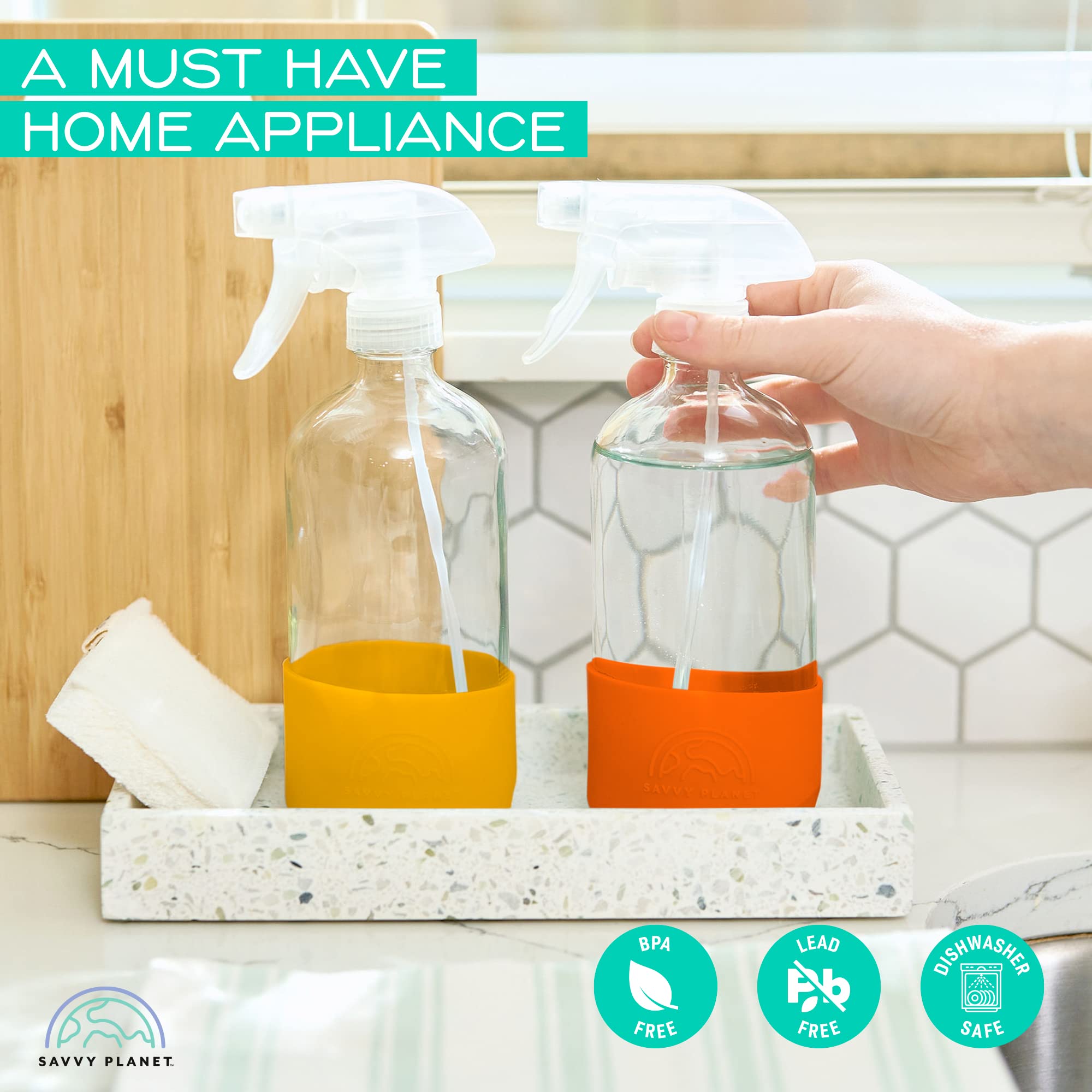 SAVVY PLANET Empty Clear Glass Spray Bottles with Silicone Sleeve Protection - Refillable 16 oz Containers for Cleaning Solutions, Essential Oils - Quality Sprayer - 2 Pack (White & Gray)