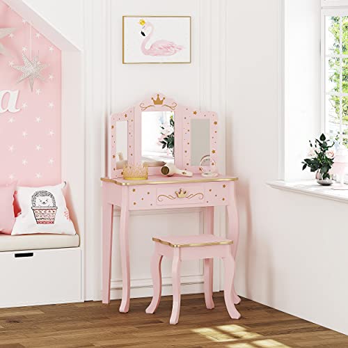 UTEX Pretend Play Kids Vanity Table and Chair Vanity Set with Mirror Makeup Dressing Table with Drawer,Play Vanity Set,Pink