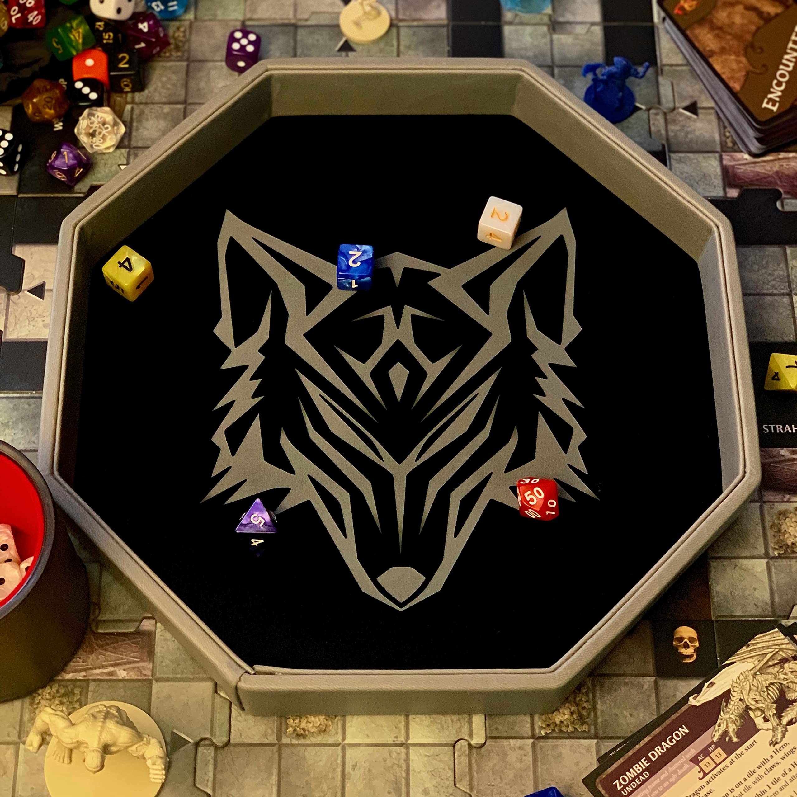 Luck Lab 11.5 Inch Dice Tray – Black and Grey - Big Octagonal Dice Tray with Luxurious Rolling Area for RPG Table Top Gaming Like D&D - Wolf Design