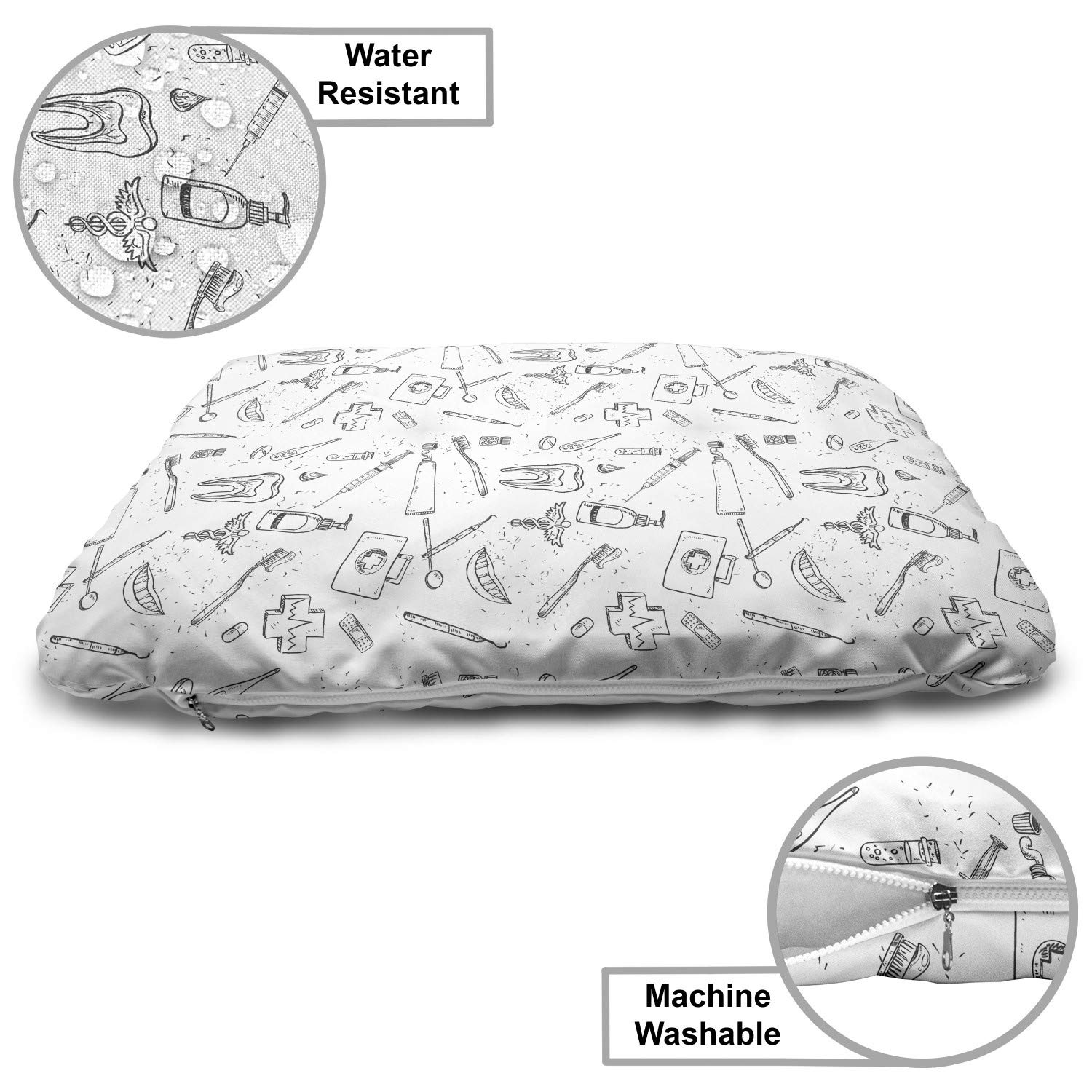 Ambesonne Hipster Pet Bed, Hand Drawn Style Pattern with Dental Hygiene Theme Teeth Care Cleaning, Chew Resistant Pad for Dogs and Cats Cushion with Removable Cover, 24" x 39", Black and White