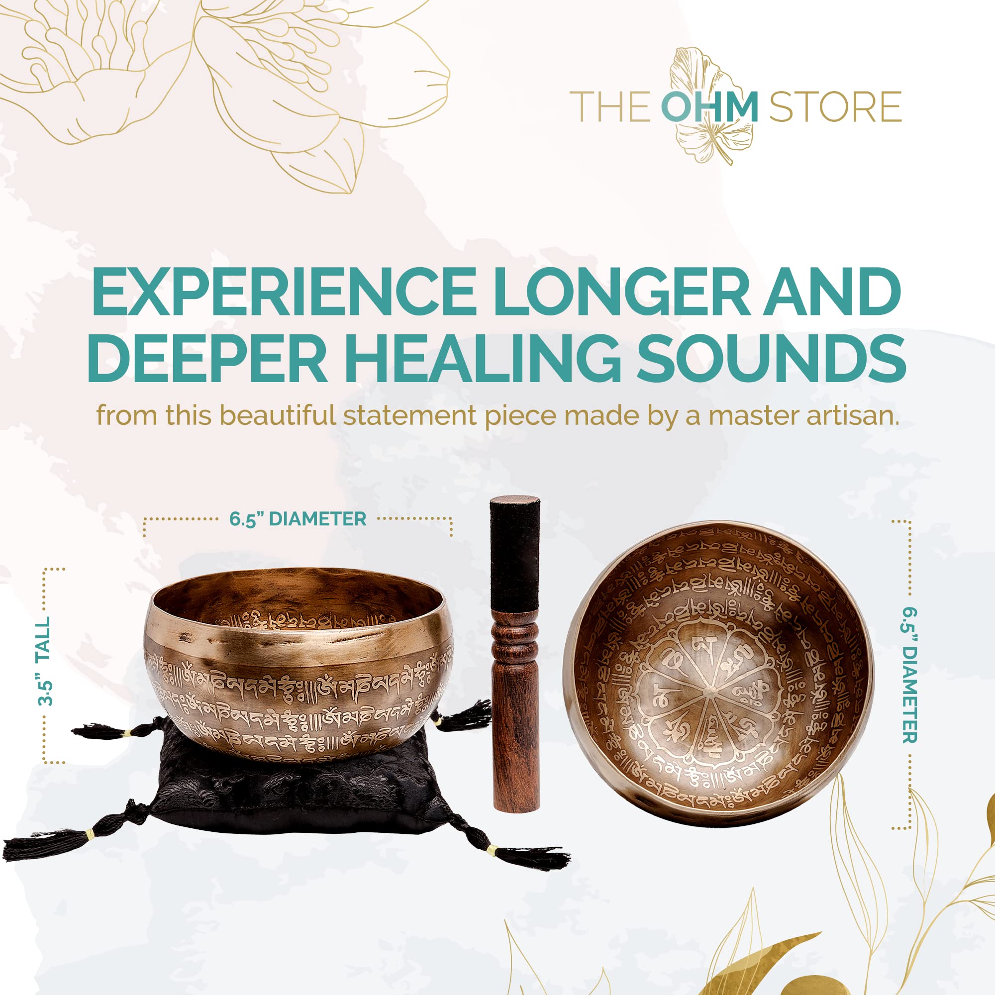 Ancient Design Large Etched Tibetan Singing Bowl Set by Ohm Store β Relaxing Deep Tone Meditation Sound Bowl and Wooden Mallet Handcrafted in Nepal β Purity Bowl (About 6 Inch)