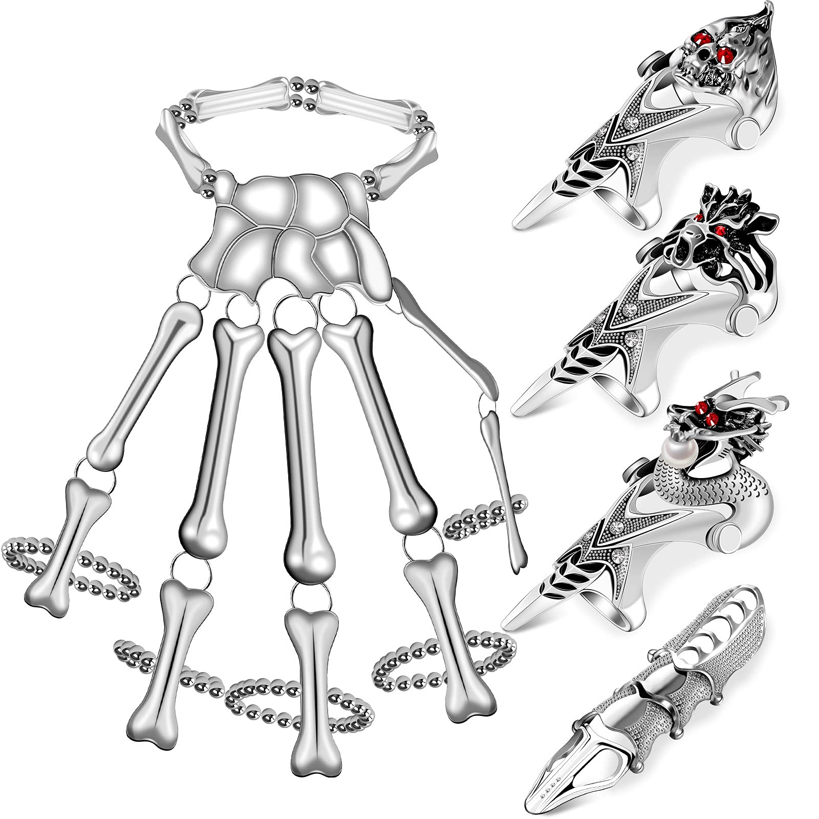 5 Pieces Full Finger Ring Punk Wristband Skull Fingers Hand Bracelet Skull Finger Skeleton Joint Bracelet Knuckle Full Ring for Halloween Accessories (Silver)