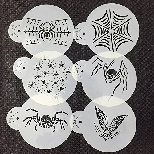 ART Kitchenware 6pcs Halloween Spiders Bats Cookie Stencil Set Cake Stenciling Fondant Cake Decorating Supplies Cookie Cake Decoration Mold Beige/Semi-Transparent ST-917S