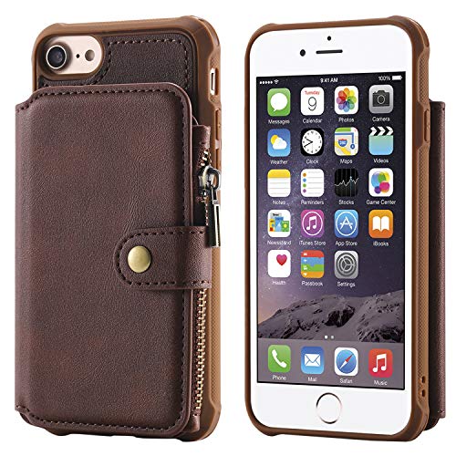 Leather Case for iPhone 7 iPhone 8,Fashion 4.7inch Kickstand Magnetic Buckle Zipper Coin Pocket Coffee 8Card Slot (ID Card,Credit Card),Accurate Cutouts Photo Frame Cash Slot Gift Girls Boys Unisex