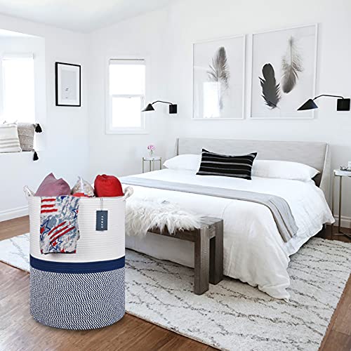 COMSE Extra Large Blanket Basket, Tall Storage Basket, 15.7βx 21.7β, Tall Rope Laundry Basket, Cotton Rope Basket, XXXL Laundry Basket, Toy Basket, Woven Basket, Clothes Baskets, Blend White/Navy Blue