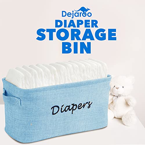 Dejaroo - Baskets for Organizing Diapers and Newborn Essentials, Baby Diaper Caddy Organizer, Embroidered Baby Shower Gifts for Moms, Linen Basket with Handle, 12 x 6 x 6 Inches, Blue