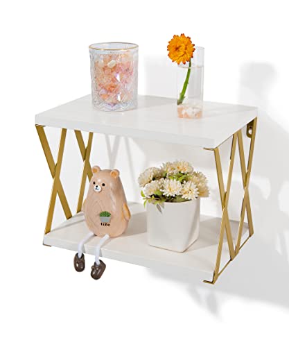 Afuly Floating Nightstand Wall Mounted, 12 Inch Bedside Table for Bedroom Storage Decor, Modern White Gold Wall Shelves for Home Livingroom Bathroom Kitchen Decor