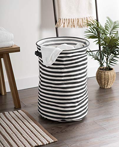 DII Laundry Storage Collection Cabana Stripe Collapsible and Waterproof Bins, Round Hamper, 13.75x20, Black