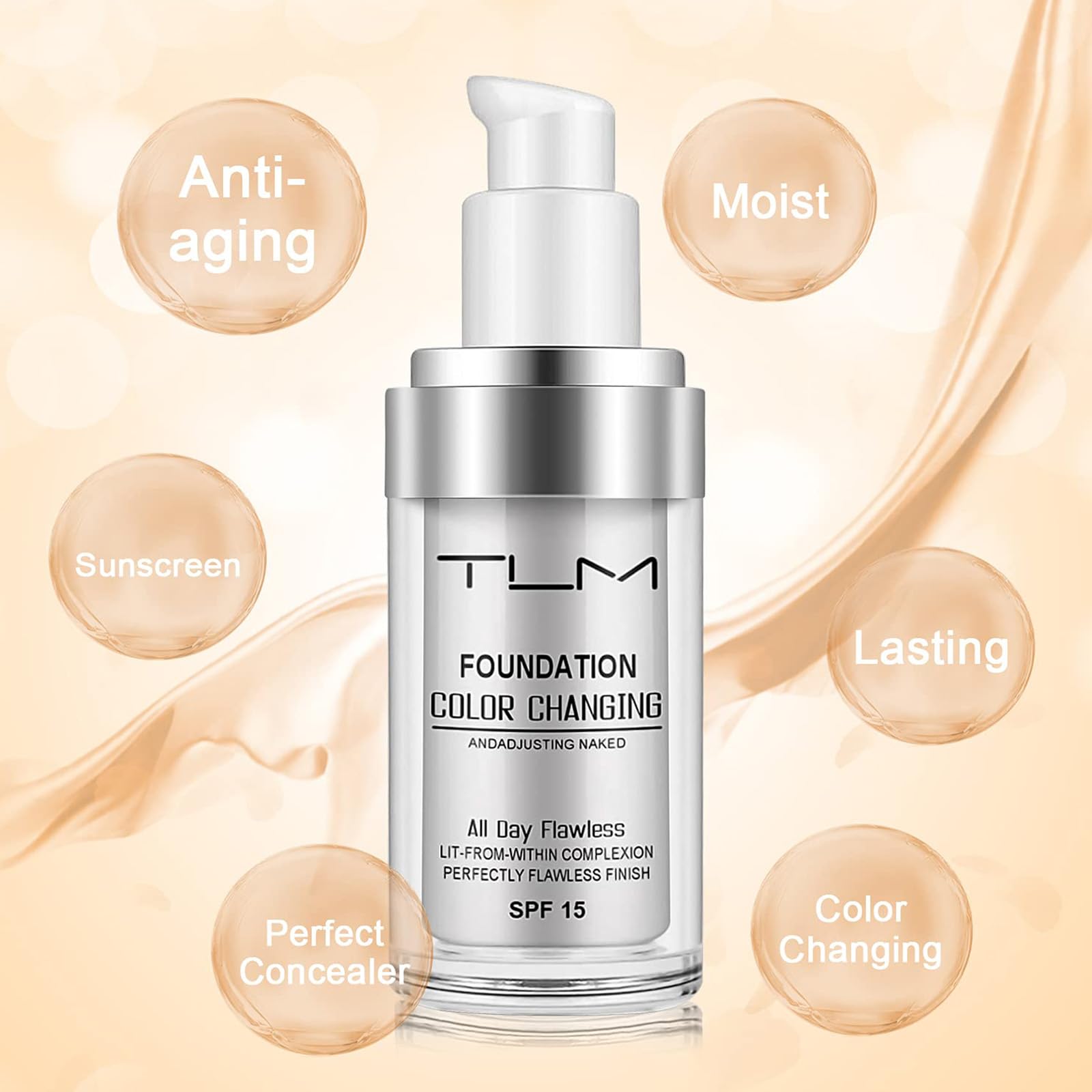 2 PACK TLM Color Changing Foundation Liquid Base,TLM Concealer Cover Cream,All Day Flawless Warm Skin Tone BB Cream Makeup Base Concealer for All Skin SPF15