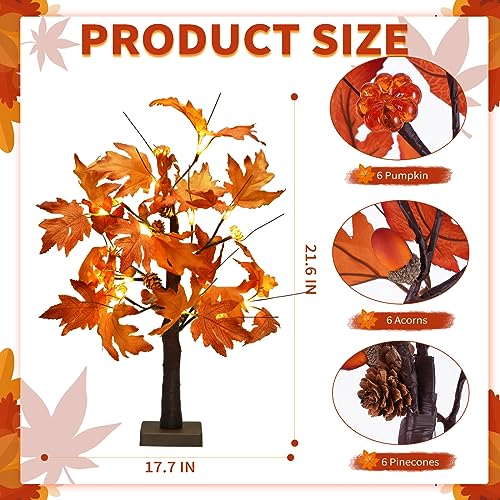 22 Inch Lighted Maple Tree Fall Tree Thanksgiving Tree Decorations with 6 Acorns & Pumpkins & Pinecones Autumn Decor with 18 LED Thanksgiving Decorations Indoor for Harvest, Fall, Party, Table