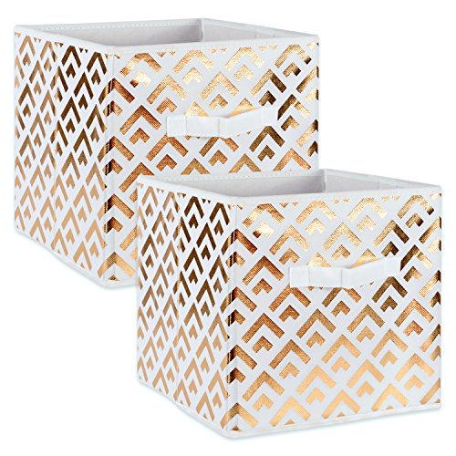 DII Non Woven Polyester Metallic Diamond Storage Bin, Small Set of 2, White/Gold