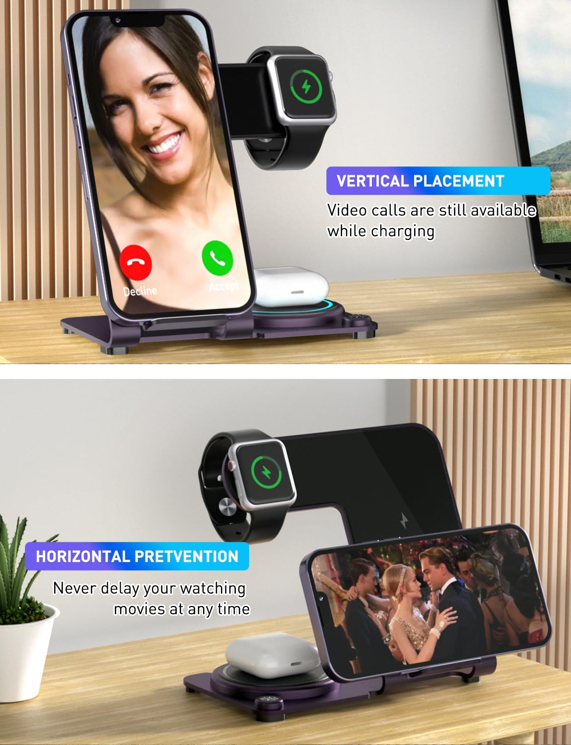 3 in 1 Charging Station Apple Purple - Mlfsaier ๐๐ฅ๐ฎ๐ฆ๐ข๐ง๐ฎ๐ฆ ๐๐ฅ๐ฅ๐จ๐ฒ Multiple Fast Wireless Charger Stand for Apple Watch & Airpods iPhone 15 14 13 12 11 Pro X Max XS XR 8 7 Plus Nightstand