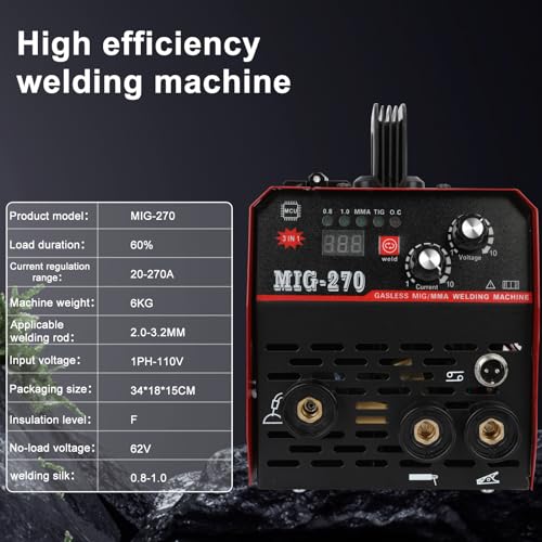 3 in 1 Compact MIG Welder, 270A 110V MIG TIG MMA Gasless Welding Machine, Adjustable Current, Dual Voltage Mini Electric Inverter Welder