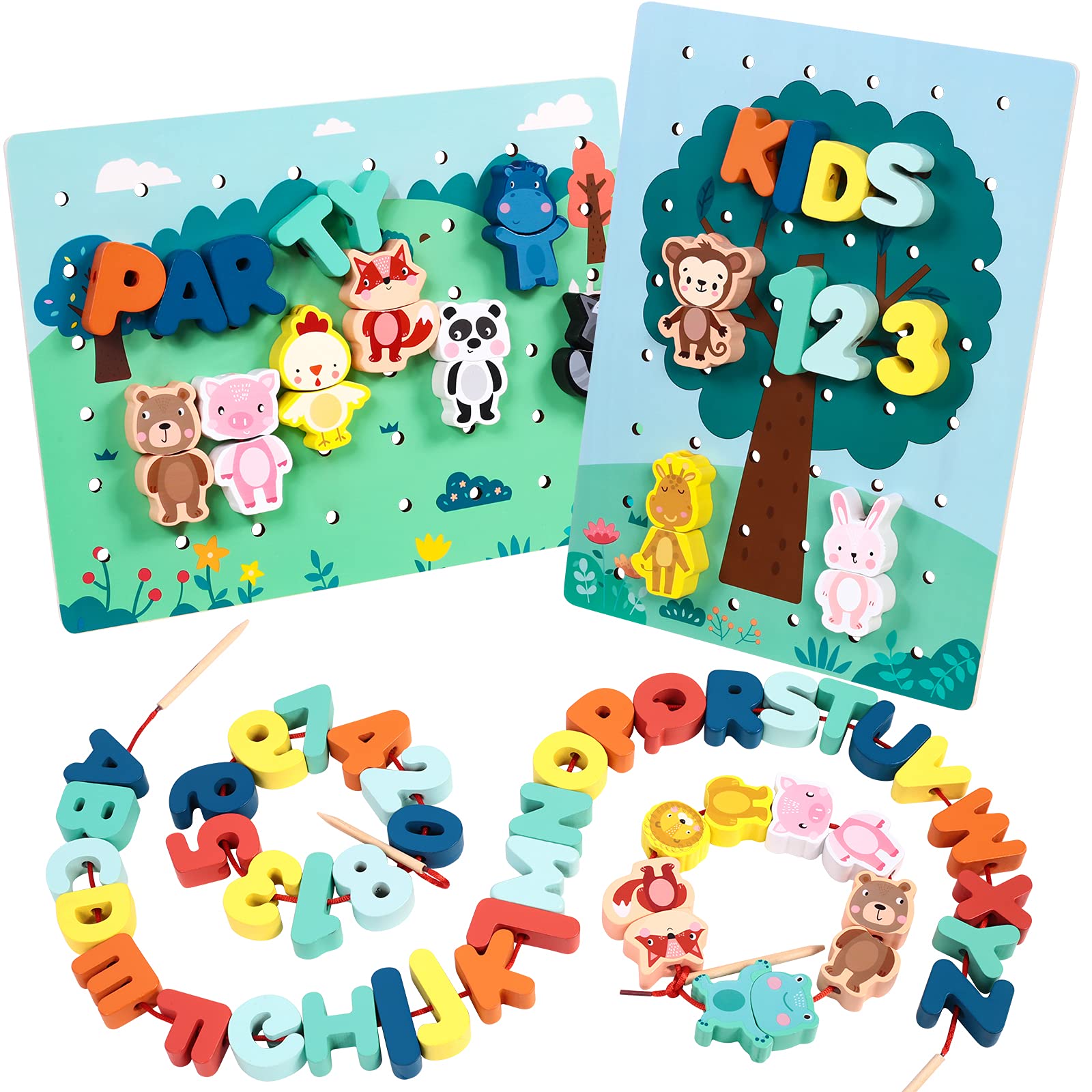 Atoylink 66 PCS Lacing Beads Montessori Toys for Toddlers with Lacing Board Wooden Primary String Threading Beads Animal Letters Numbers Lacing Toy Preschool Educational Toy for 3 4 5 6 7 8 Years Old